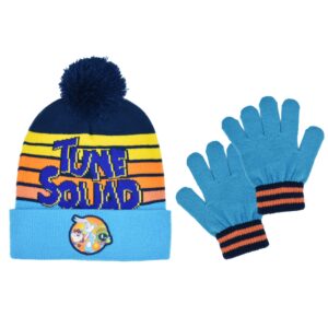 concept one space jam a new legacy tune squad kids pom cuffed beanie hat and gloves set, blue, one size