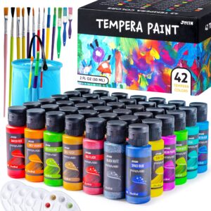 joyin washable tempera paint set for kids 42pcs, non toxic liquid paint with 15 brushes and 4 palettes - art supply for kids for arts and crafts project, finger painting (2 oz each)