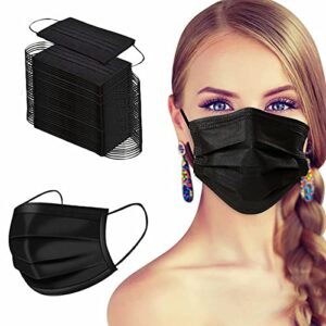 100 pcs black disposable face masks - adults protective masks, 3 ply breathable non-woven face mask