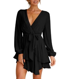 womens skater dress deep v-neck lantern sleeve tie waist ruffle mini dress black l