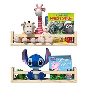 classic nursery shelves, set of 2 natural wood floating book shelves for kids room, wall shelves for bathroom decor, kitchen spice rack, book shelf organizer for baby nursery décor (16.5lx4w)