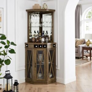 home source 73" tall corner bar unit reclaimed barnwood wine cabinet with storage, lower mesh doors, upper liquor shelf galss holder, for home bar, living room, kitchen, mini space, reclaimed barnwood