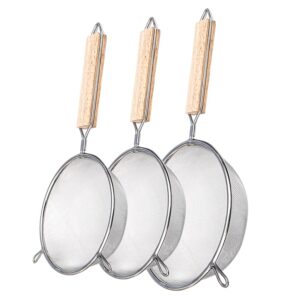 weymier fine mesh strainers for kitchen, stainless steel mesh strainers with wood handles,set of 3 sizes: 4.9"，6.3"and 7.9"