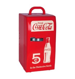 coca-cola retro 18 can mini fridge w/ 12v dc and 110v ac cords, 22l (23 qt), portable cooler, red, travel fridge for drinks, snacks, lunch, home, office, dorm room, rv