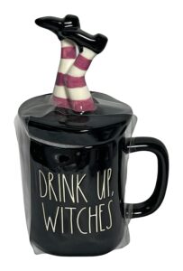 rae dunn artisan collection by magenta black ceramic drink up witches mug with witch leg topper lid. ceramic 16oz.