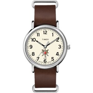 timex men's nhl weekender 40mm watch – vegas golden knights with brown genuine leather slip-thru strap