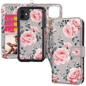 hoggu compatible for iphone 11 wallet case, magnetic detachable case wallet with rfid blocking card holder, hand strap, flip folio pu leather cover case with floral flower design for women(gray)