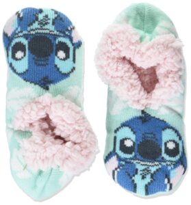 disney womens disney lilo & stitch teddy faux fur slipper sock, blue aqua, fits sock size 9-11 fits shoe size 4-10.5 us