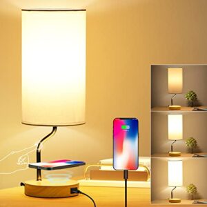 upgraded smart bedside table lamp with wireless charger & usb ports - touch control led desk lamp for bedroom, dimmable wooden nightstand lamp with fabric shade for living room, kid's room,or office