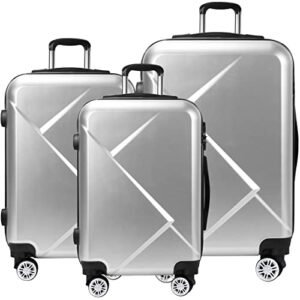 tiktun luggage, pc+abs hardshell lightweight durable spinner wheels suitcase, silver, 3-piece set (20"/24"/28")