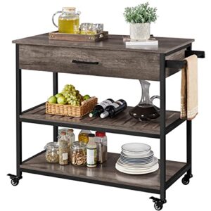 yaheetech kitchen cart with storage, rolling kitchen island with drawer and towel rack, utility shelf microwave stand cart with lockable wheels for dining room, 40 x 20 x 36 inches, taupe wood