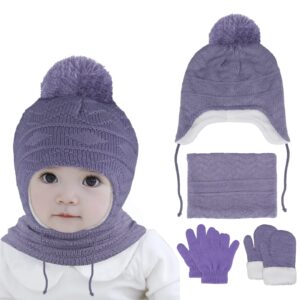 hicdaw 6pcs toddler winter hats and baby mittens gloves neck warmer set baby winter hat scarf gift for kid boys girls(purple)