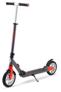 mongoose elevate duo air youth/adult folding kick scooter, air filled tires, ages 8 years and up, kickstand, max rider weight 220 pounds, grey/red