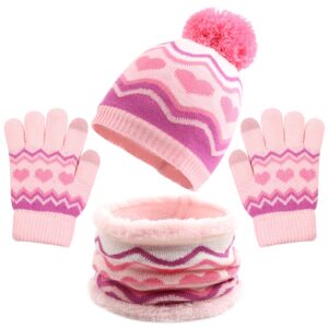 winter kids hat scarf gloves set knit fleece lined beanie neck warmer mittens for toddler boys girls 3-8 years (pink-b)