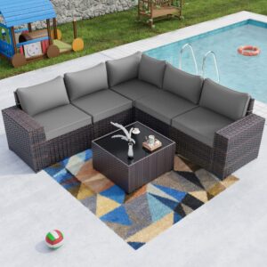 kullavik outdoor patio furniture set 6 pieces sectional rattan sofa set brown pe rattan wicker patio conversation set with 5 grey seat cushions and 1 tempered glass table