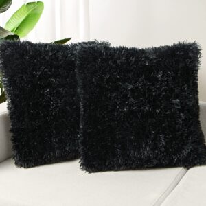 toonow set of 2 decorative throw pillow covers 18x18, black fluffy pillow covers new luxury faux fur square sofa pillow covers for sofa couch living room bedroom, no pillow insert