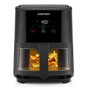 chefman turbotouch easy view air fryer, the most convenient and healthy way to cook oil-free, watch food cook to crispy and low-calorie finish through convenient window, 5 qt