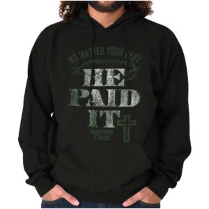 brisco brands jesus your debt he paid it christian hoodie hooded sweatshirt men black