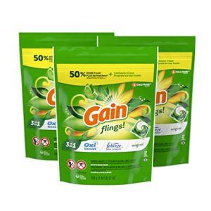 gain flings! liquid laundry detergent soap pacs, he compatible, 3 bag value pack, 111 count, long lasting scent, original scent