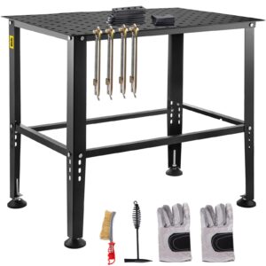 vevor welding table, 36" x 24" adjustable workbench, 0.12" thick industrial workbench, 600lb load capacity metal workbench, heavy duty carbon steel welding table, gray steel work table w/accessories