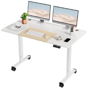 woka 55 x 28 inch electric standing desk, height adjustable stand up desk, sit stand desk with memory controllers, adjustable desk for home office with white and oak top and white frame