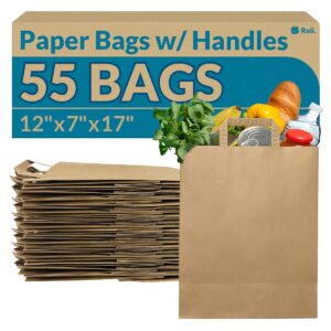 reli. paper grocery bags with handles | 55 pcs bulk | 12"x7"x17" | kraft brown paper bags, large | use for grocery, take-out, restaurant, retail, shopping