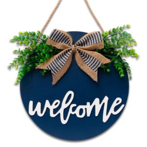 welcome sign for front door, farmhouse wall decor welcome sign, 12" wooden welcome home decorations, outdoor welcome signs for porch, wreaths for front porch door wall hanging by nidoot(dark blue)