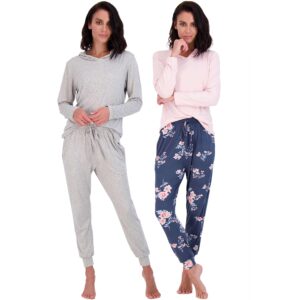 real essentials 2 pack: women's super soft long sleeve sleep set - comfortable lounge pajama casual hoodie jogger, multicolor, hoodie set 2, large