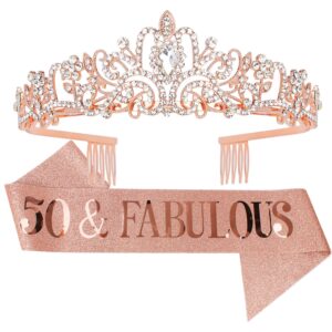 aoprie 50 fabulous birthday crown sash for women rose gold birthday tiara for girls 50th birthday gifts decoration for women princess crown rhinestone headband happy birthday accessories