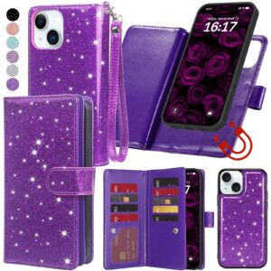 varikke for iphone 13 wallet case detachable with card holder for women, fashion glitter pu leather wrist strap strong magnetic flip wallet removable phone case cover for iphone 13 6.1", dark purple