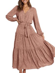 prettygarden women's 2024 long sleeve wrap v neck floral ruffle tiered maxi dress boho chiffon flowy long dresses with belt(khaki,medium)