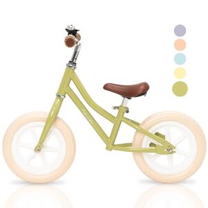 momnlittle retro balance bike(green olive) with vegan leather seat and handlebar airless tires for ages 3~8 years boys girls