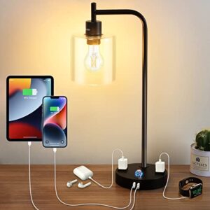 upgraded table lamp, fully stepless dimmable desk lamp with 2 usb charging ports and 2 ac power outlets, modern bedside lamp with glass shade for bedroom, living room, office (bulb included)