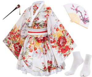 japanese anime women's dance kimono robe fancy dress yukata silk folding fans tabi hairstick socks set white large