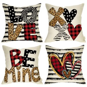 fjfz valentine's day decorative throw pillow cover 18x18 set of 4, be mine love leopard red buffalo plaid check black polka dot striped anniversary wedding home decor farmhouse cushion case for couch