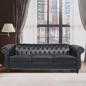 miyzeal chesterfield sofa, tufted leather couch upholstered sofa with low back, roll arm classic 3 seater pu leather couch for living room bedroom office (black)