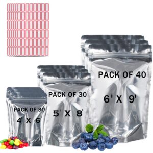 belle kr® mylar bags for food storage- pack of 100 (30 pieces 4"x6" and 5"x8" and 40 pieces 6"x9") resealable mylar ziplock bag with 7.5mil thickness with labels