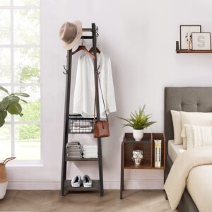 vecelo coat rack freestanding, entryway clothes stand with metal basket and 2 shelves, upgrade hall trees with 8 dual hooks for bags, hats, and umbrellas, industrial styles, vintage brown+ black