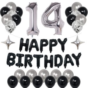 naninuneno 14th black silver birthday party decorations for boys girls, happy 14 birthday party supplies with black happy birthday banner, silver foil stars, happy birthday balloons for 14th birthday