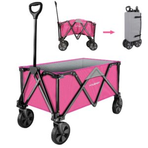 haushof heavy duty collapsible wagon, folding outdoor utility wagon, camping garden beach cart with universal quick release wheels, adjustable handle, 176 lbs load capacity, pink