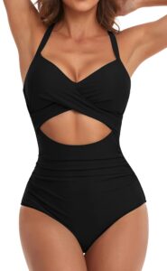 eomenie women's one piece swimsuits tummy control cutout high waisted bathing suit wrap tie back 1 piece swimsuit black