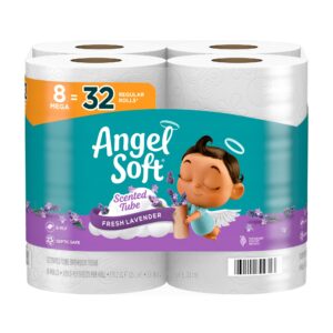 angel soft toilet paper with fresh lavender scented tube, 8 mega rolls = 32 regular rolls, soft and strong toilet tissue