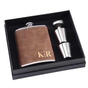 personalized flask gift set for men with 8 designs, 8 oz 304 stainless steel engraved hip flasks with "golf, mountain, deer, initial" icon, custom flask for wedding groomsmen gifts (brown)