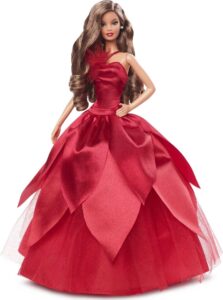 barbie signature 2022 holiday doll, light-brown wavy hair wearing red poinsettia-inspired gown, collectible with doll stand & certificate of authenticity