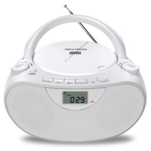 nextron portable stereo cd player boombox with am/fm radio, bluetooth, usb, aux-in, headphone jack, cd-r/rw and mp3 cds compatible, clear and full sound with bass boost, ac/battery operated – white