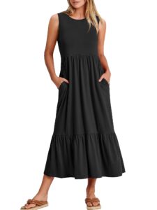 anrabess women summer casual sleeveless crewneck sundress aline flowy tiered maxi long beach dress vacation outfits medium black