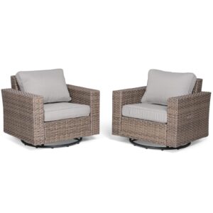 phi villa outdoor swivel rattan sofa set of 2, patio wicker sofa rocking outdoor club chairs with beige cushions for porch deck courtyard, olive brown