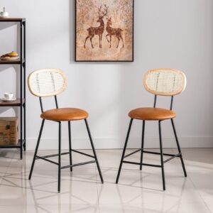 amadi counter stools rattan back dining chair, indoor faux leather bar stools set of 2, armless dining chairs with rattan backrest, modern metal counter height barstools for home whiskey brown,24"