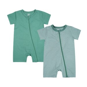 teach leanbh baby boys or girls 2 pack pajamas cotton short sleeve zipper romper jumpsuits sleep and play 3-24 months (green, 18-24 months)