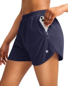 g gradual women's running shorts with zipper pockets quick dry athletic workout gym 3" short shorts for women with comfy liner (navy blue, small)